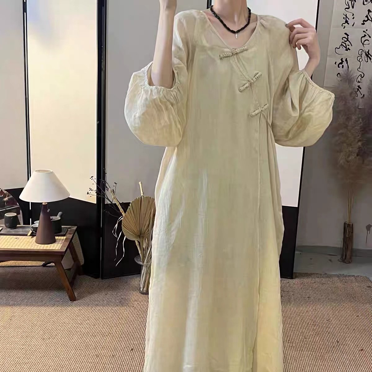 19540 Xiaolian~Zen buttoned double-layer ramie dress with slanted ...