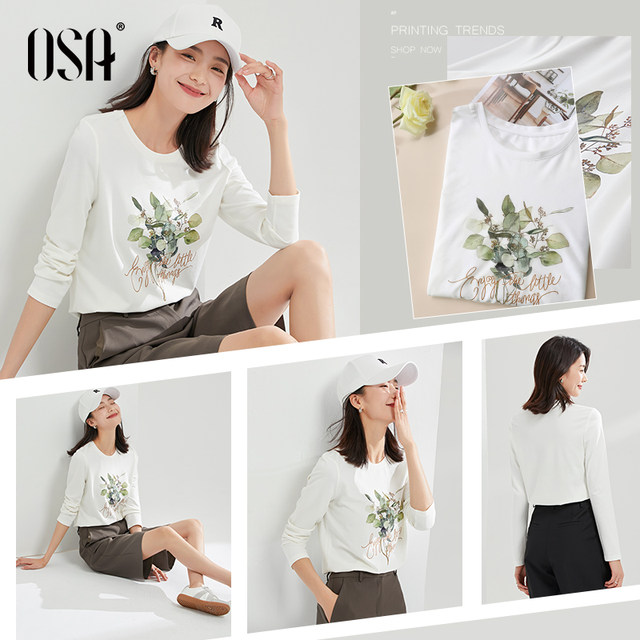 OSA OSA white printed long-sleeved bottoming shirt t-shirt women's autumn wear 2024 new right ...