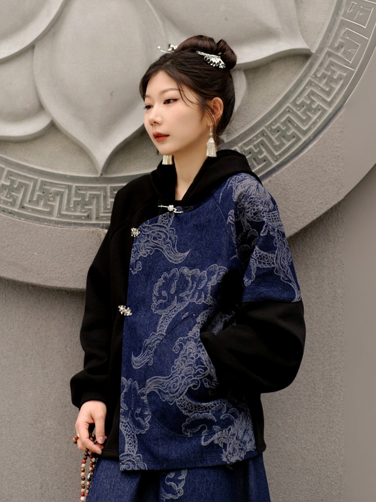 Real big fish original Chinese style denim splicing hooded plush ...