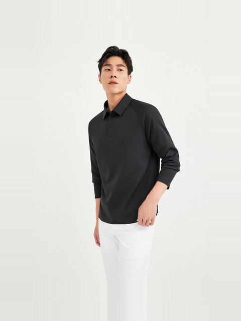 Septwolves black long-sleeved POLO shirt for men in spring and autumn ...