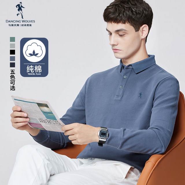 [Pure Cotton] Dance with Wolves Lapel Long Sleeve T-Shirt Men's 2025 ...