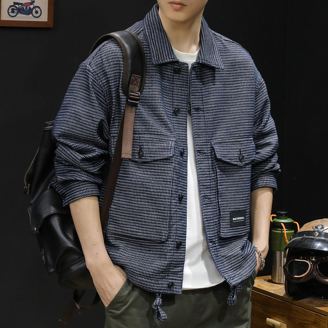 Small square denim jacket men's spring and autumn multi-pocket large ...