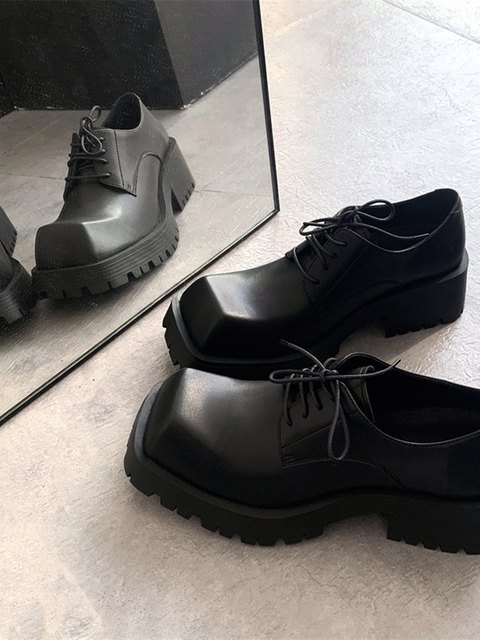 Big upturned square toe niche leather shoes for women, Paris thick ...