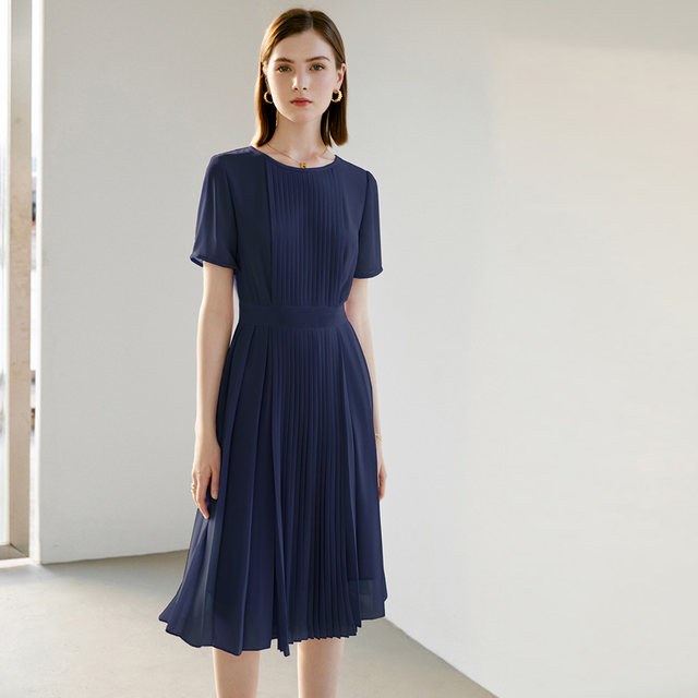 Yanyu short-sleeved pleated dress waist slimming summer 2024 women's new commuter retro ...