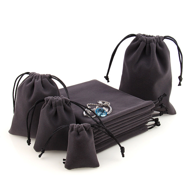 Dark gray plush cloth bag drawstring tie pocket jewelry storage small ...