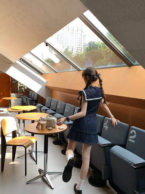 FF BLUE Keru Qianjin Xiaoxiangfeng woven navy collar small flying sleeve jacket short denim ...