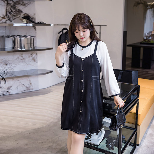 Large size women's dress 2024 autumn new casual loose and fat MM slim stitching fake two ...