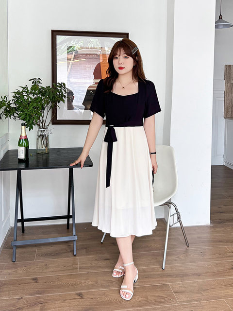 French Hepburn style design spliced long skirt with temperament, slim and fat MM chiffon dress ...