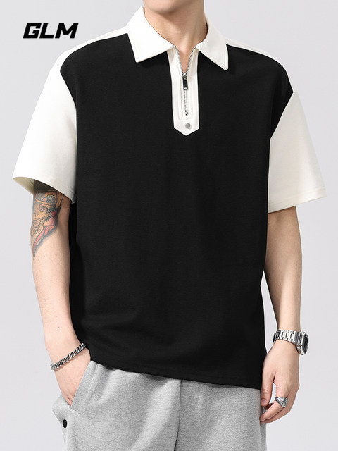 GLM contrasting color lapel short-sleeved polo shirt men's summer loose ...