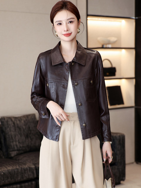 Senior sense of Haining leather leather clothing female short vegetable ...