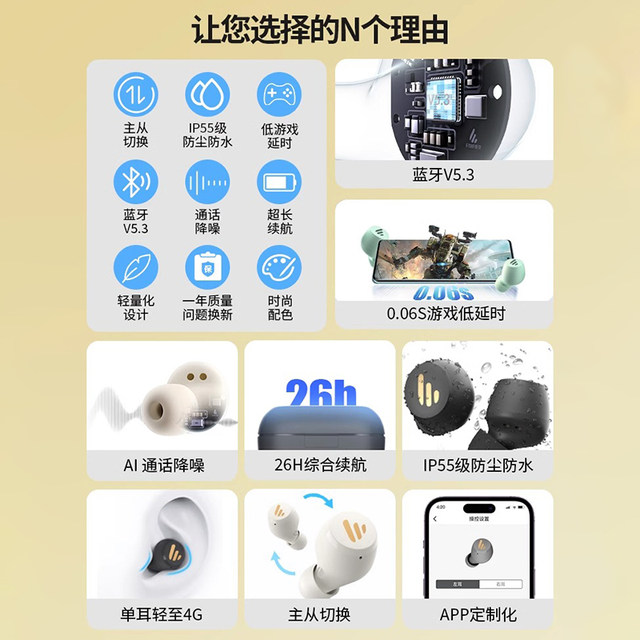 Edifier XS3 true wireless in-ear Bluetooth headset for calls, noise reduction, sports waterproof ...