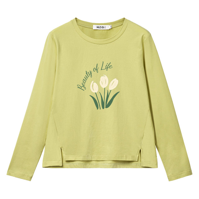 Migo flag design sense green printed long -sleeved T -shirt female new ...