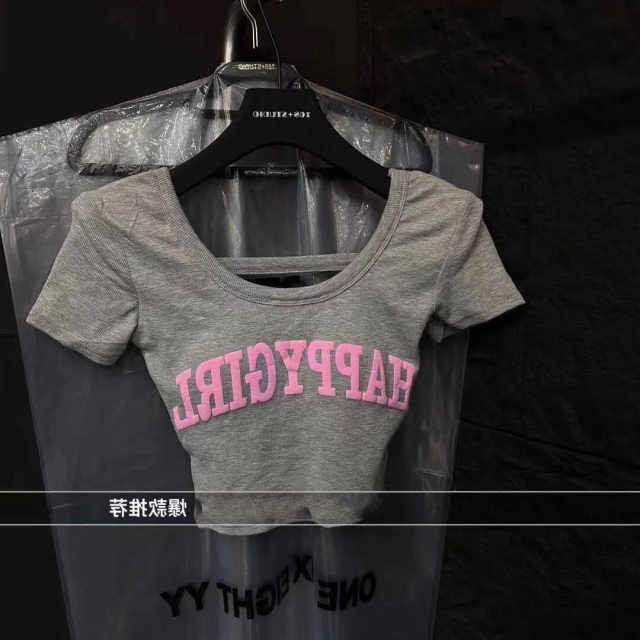 Hot girl short U-neck letter printed T-shirt women's summer hollow back ...