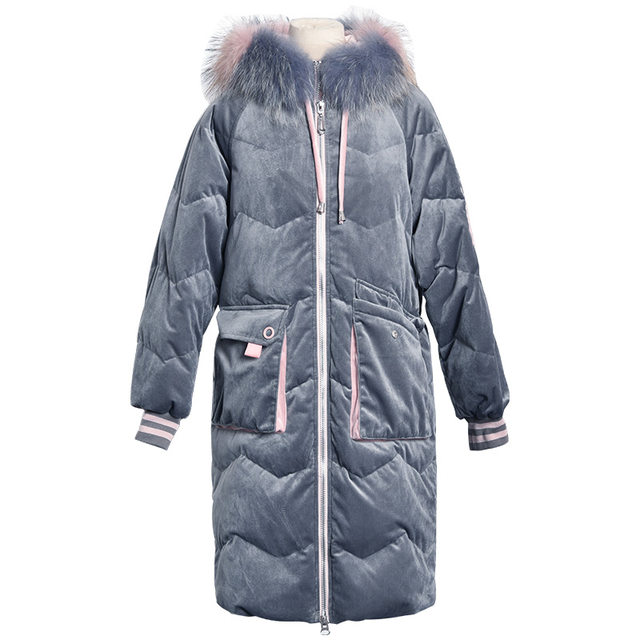 Big fur collar velvet down jacket female medium -long knee thickened ...