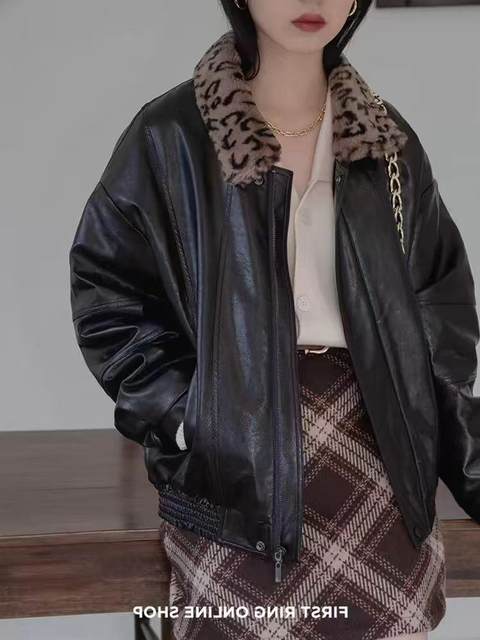 Leopard wool collar leather jacket inside cotton thickened retro PU leather jacket fashionable ...