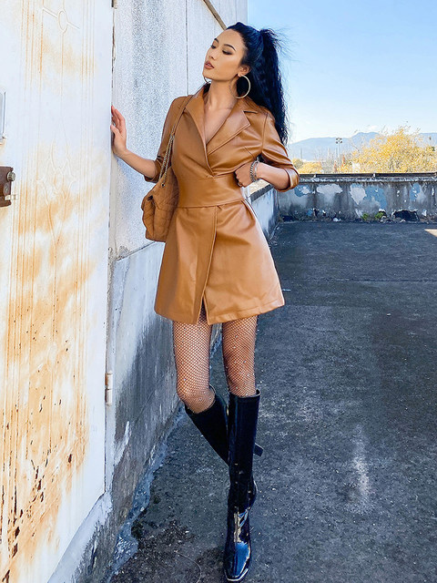 Radium Lazer European and American Brown Brown Leather Sexy Slim Slim ...