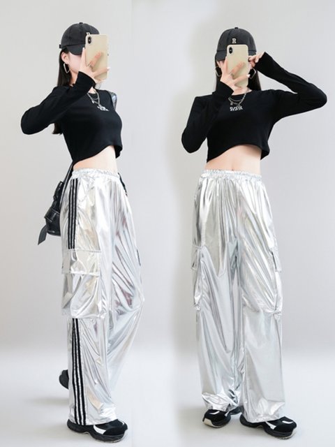 Modern dancing clothing loose, wide -leg silver pants, bright noodles ...