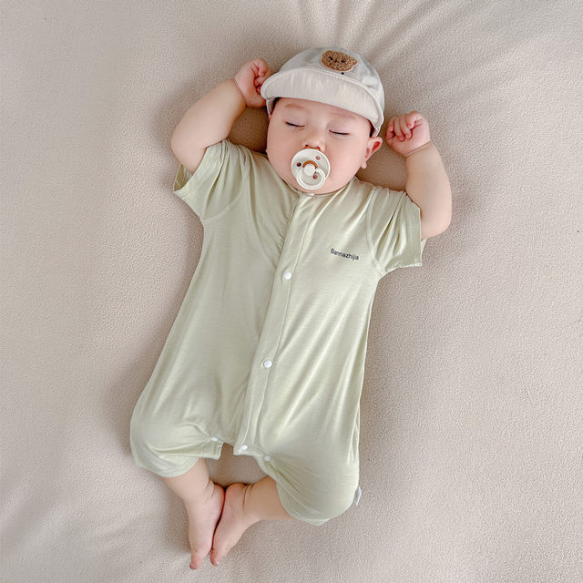 Summer thin baby clothes Modal boneless infant conjoined single -buckle ...