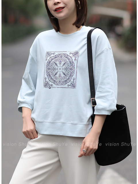 SHUYE original design sense, retro fashionable printed mid-sleeved T ...