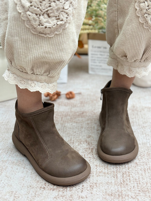 Handmade leather short boots 2024 Autumn new retro short cylinder ...