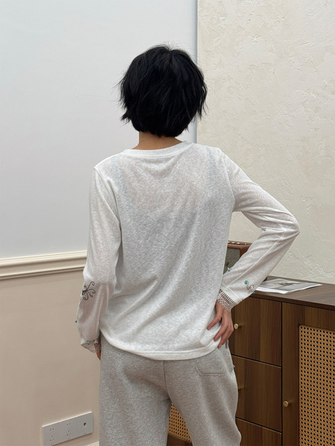 Langqing embroidered sunscreen shirt for women long sleeve thin top 2025 new spliced lace blouse ...