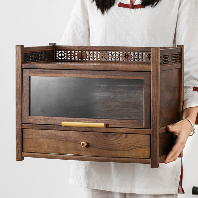 Walnut wood storage rack desktop small dustproof rack solid wood simple ...