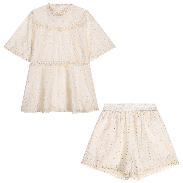 Luo Luo Jie Jie white two-piece fashion suit age-reducing women's summer suit pants lace top ...