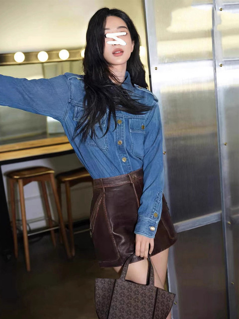 YZ celebrity same style super soft slim blue British all-match denim ...