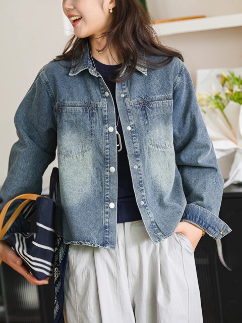 Xiaoer produces spring retro lapel short loose denim jacket with ...