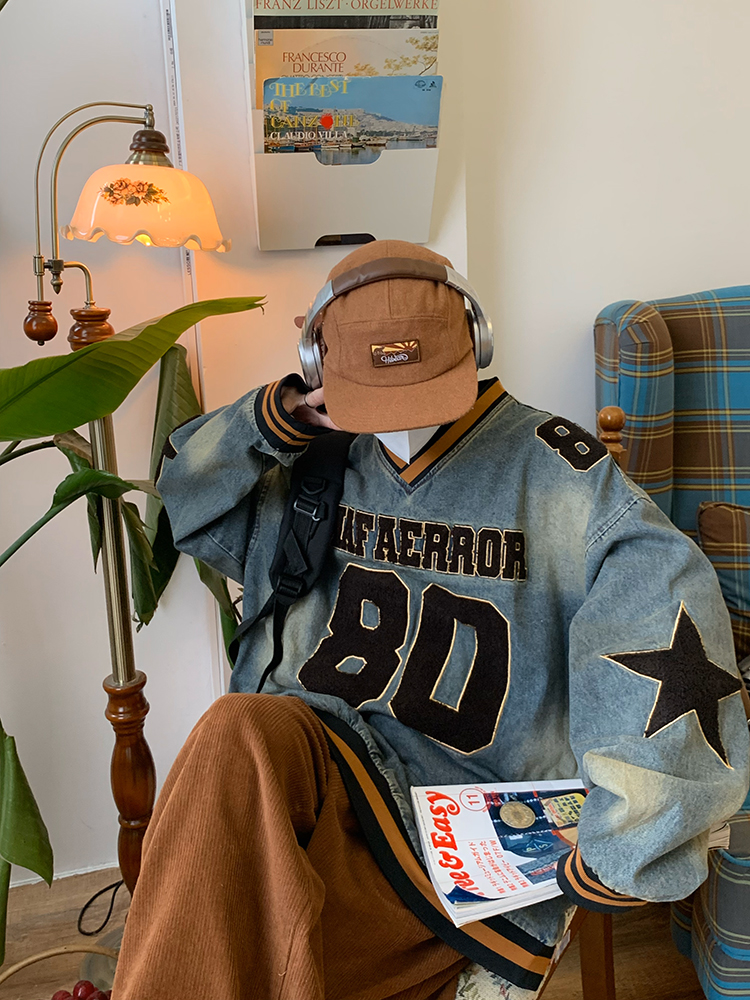 C2 homemade/American retro letters, cloth embroidered water, wash, make old denim sweater female ...