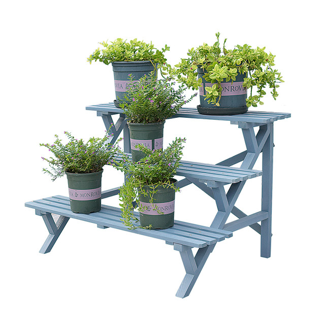 Stepped three-tier solid wood flower rack Mediterranean balcony garden ...