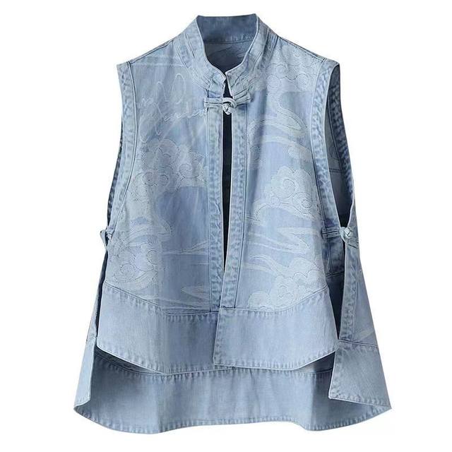 Ethnic style Chinese style buckle denim vest for outer wear new large ...