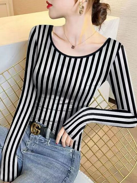 German velvet thick striped bottom shirt ladies T -shirt in the autumn ...