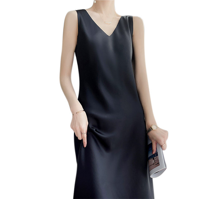 Acetic acid vest dress female medium long summer thin satin silk with ...