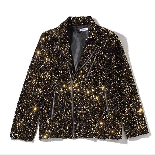 Colorful sequin zipper jacket men's short motorcycle jacket male model ...