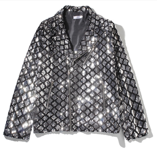 Colorful sequin zipper jacket men's short motorcycle jacket male model ...