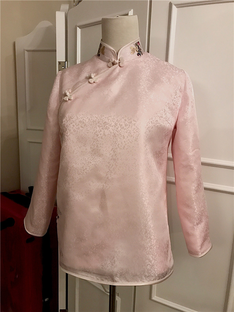 Kefan Hand-embroidered silk thick satin pink Tang suit