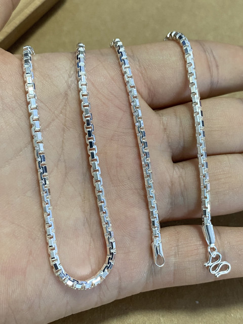 About 65 cm 990 pure silver necklace box chain men and women sterling ...