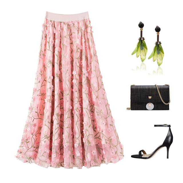 Mesh skirt 2025 spring and summer new embroidered garland skirt elastic ...