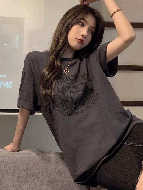 Gray t-shirt women's large size bf style American retro high-end short ...
