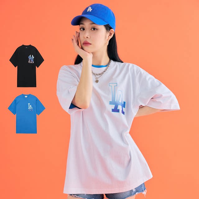 MLB men and women same style couple short-sleeved gradient printed logo ...