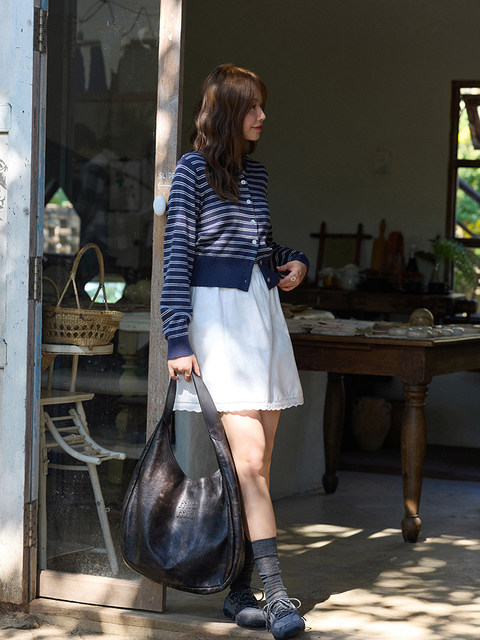 MISAZ waistline lift! Retro blue and white striped knitted cardigan ...