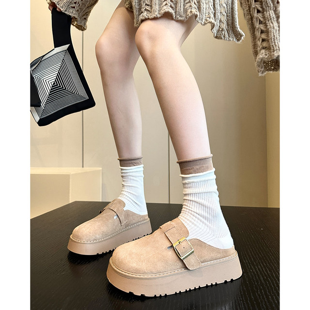 Japanese Maillard~Harajuku style cowhide thick-soled toe-toe half-slip ...