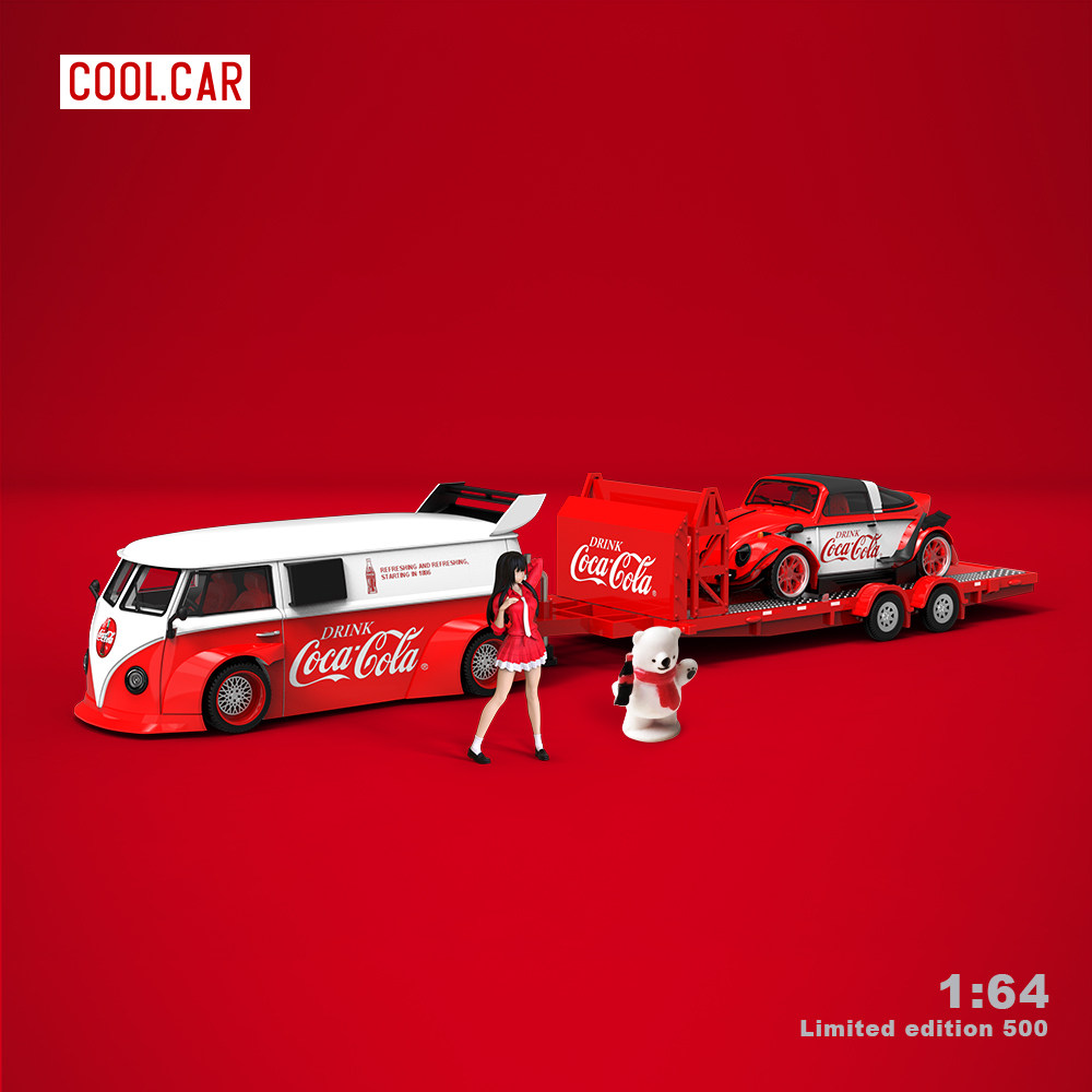 CoolCar1:64 Volkswagen T1 Beetle Trailer Set Coca-Cola Painting Simulation Alloy Car Model