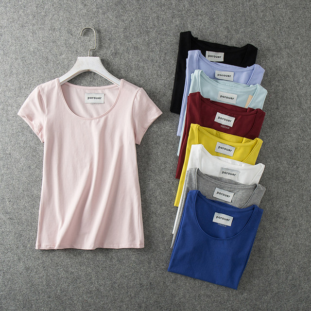 Simple pure cotton T-shirt women's basic solid color versatile elastic ...