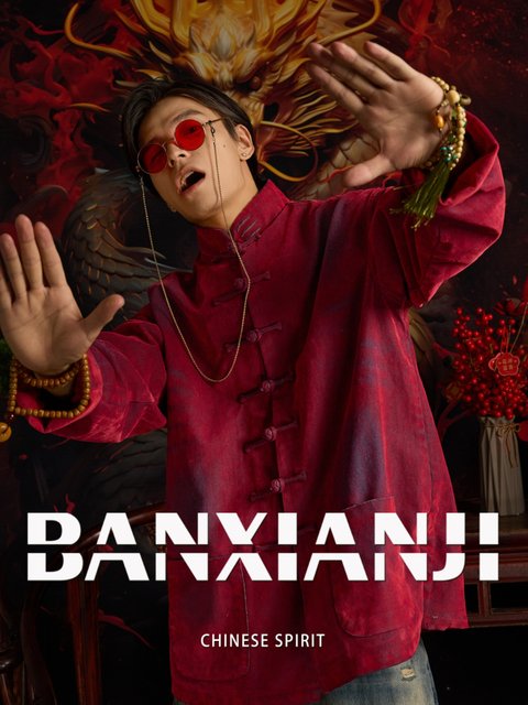 Banxianji Tianguan blessed wine-red flocking denim retro Chinese style ...