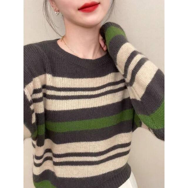 Autumn and winter long-sleeved striped color-blocking sweater round ...