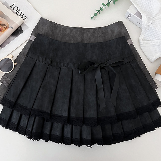 Sweet PU leather high waist, thin lace stitching strap bows skirt anti -light skirt pleated ...