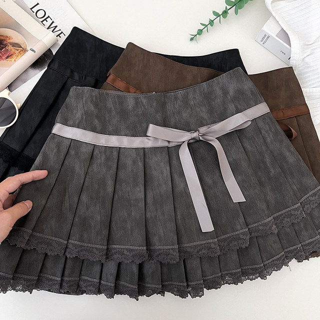 Sweet PU leather high waist, thin lace stitching strap bows skirt anti -light skirt pleated ...