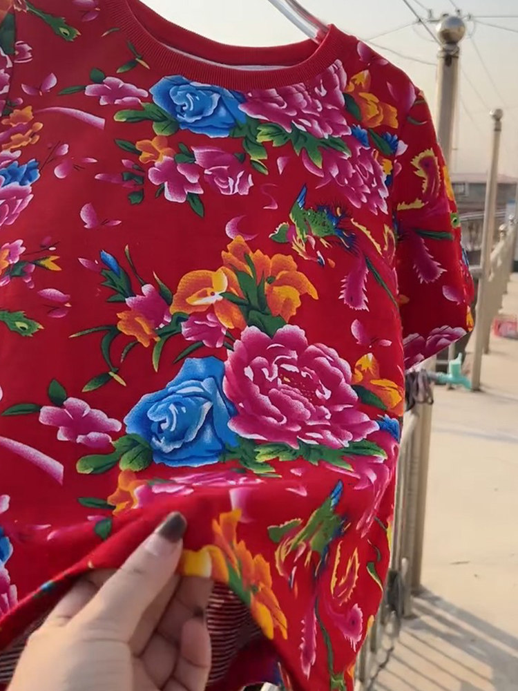 Northeastern large floral cloth ethnic style short-sleeved T-shirt ...